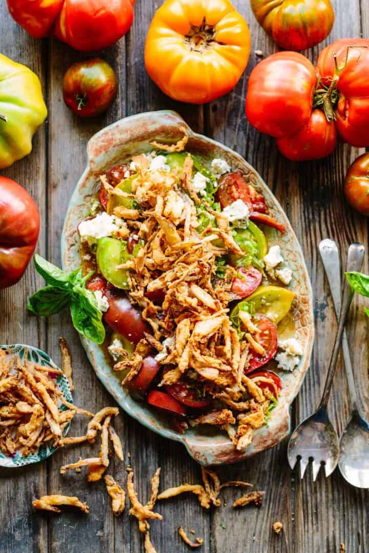 Heirloom Tomato Salad with Blue Cheese and Fried Shallots - Coley Cooks