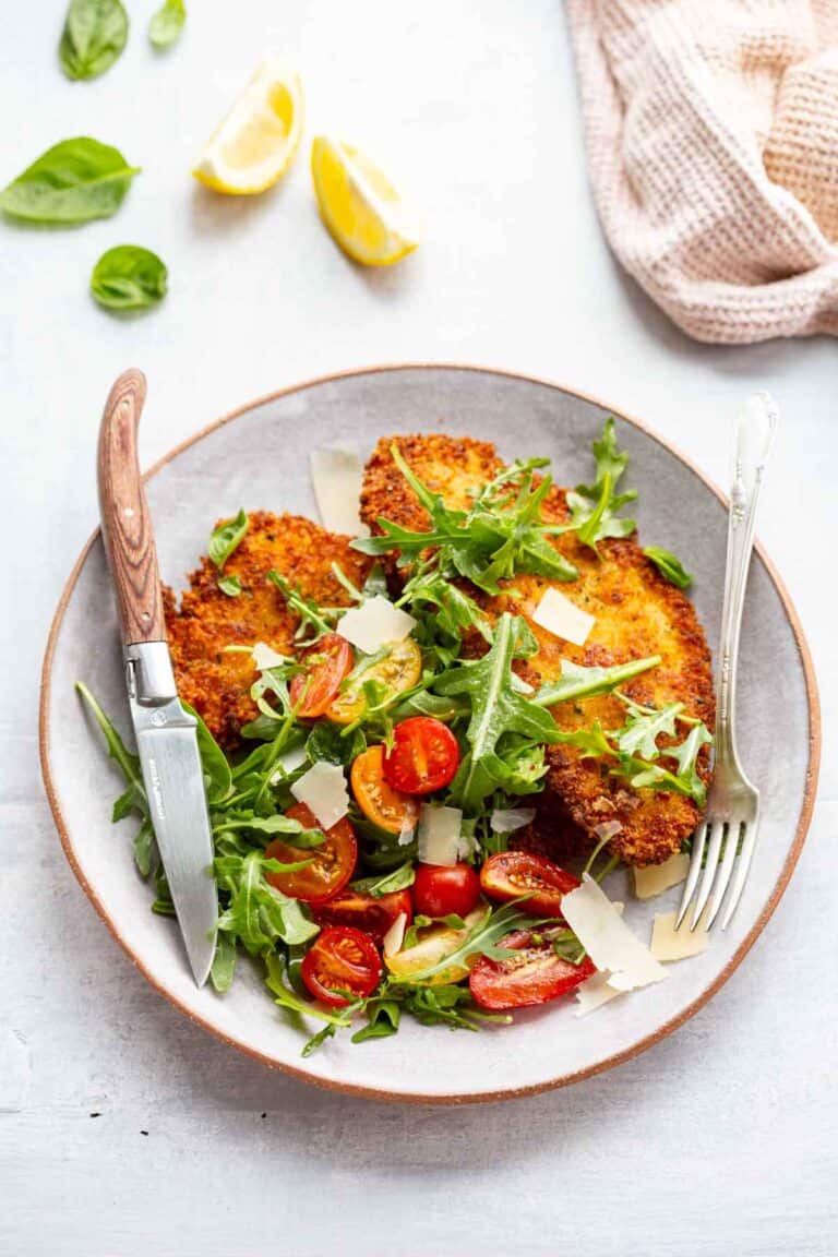 Crispy Chicken Milanese with Tomato Arugula Salad - Coley Cooks