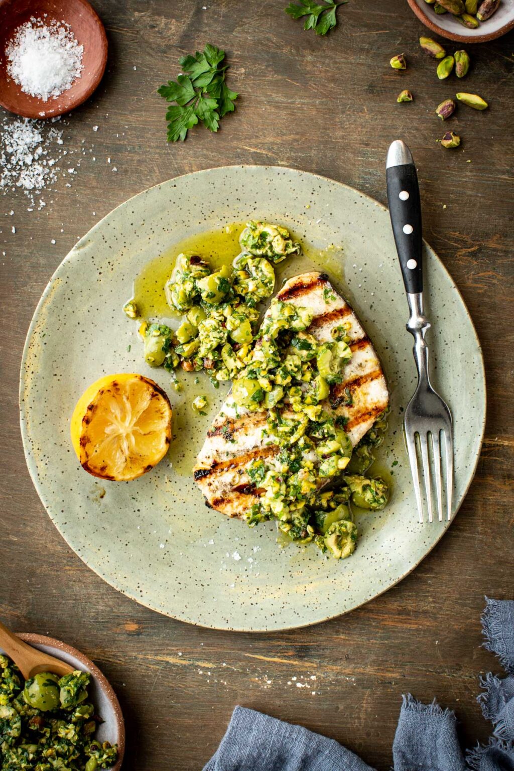Grilled Swordfish Recipe with Sicilian Olives and Pistachios - Coley Cooks
