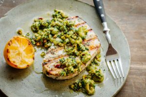 Grilled Swordfish Recipe with Sicilian Olives and Pistachios - Coley Cooks