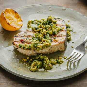 Grilled Swordfish Recipe with Sicilian Olives and Pistachios - Coley Cooks
