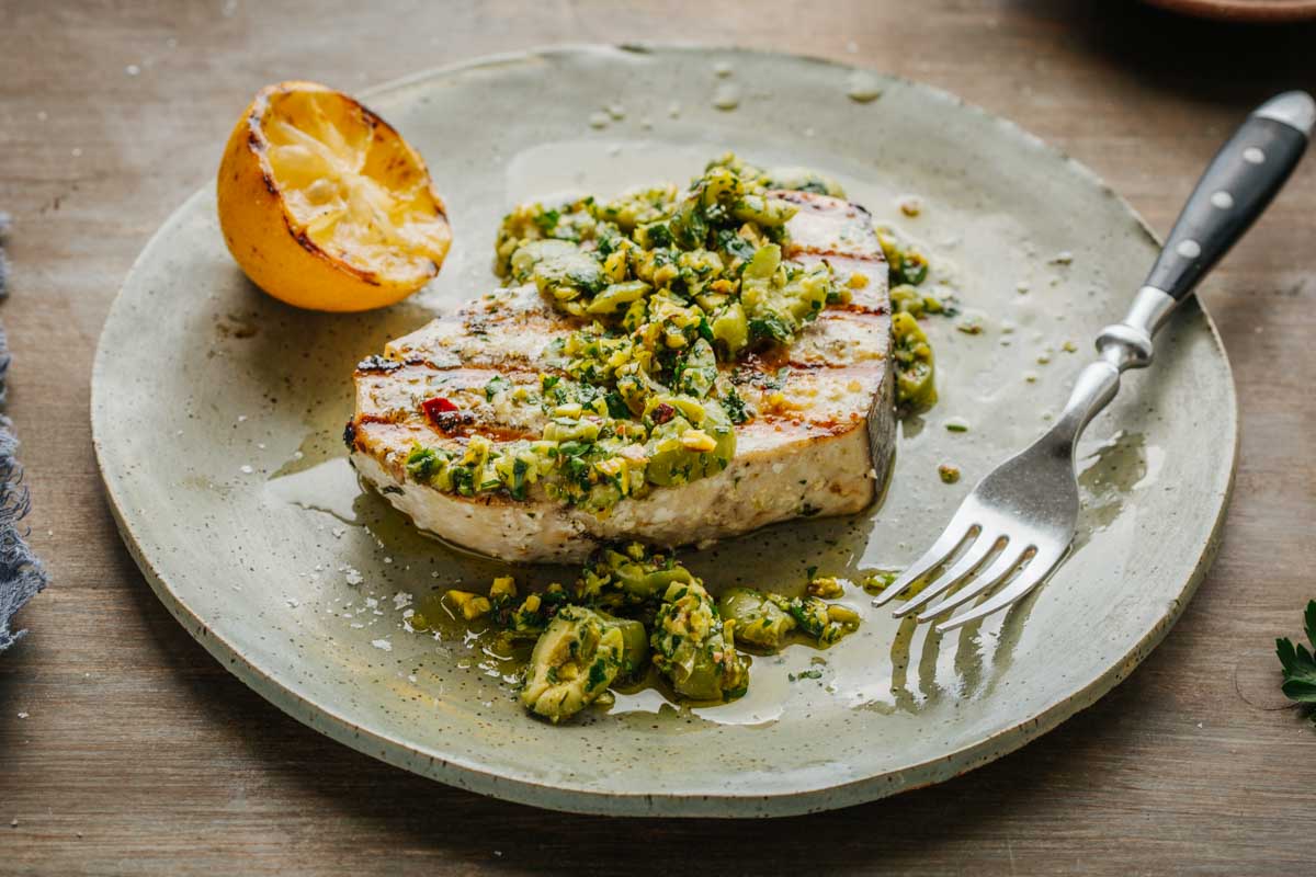 Grilled Swordfish Recipe with Sicilian Olives and Pistachios - Coley Cooks